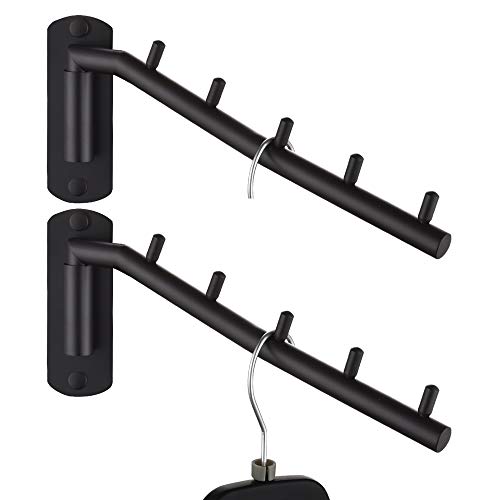 JQK Folding Clothes Hanger Rack, Stainless Steel Swing Arm Hook Holder, Clothing Hanging System Drying Closet Storage Organizer Matte Black Wall Mount 2 Pack, SHR100-PB-2P