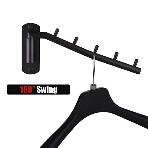 JQK Folding Clothes Hanger Rack, Stainless Steel Swing Arm Hook Holder, Clothing Hanging System Drying Closet Storage Organizer Matte Black Wall Mount 2 Pack, SHR100-PB-2P