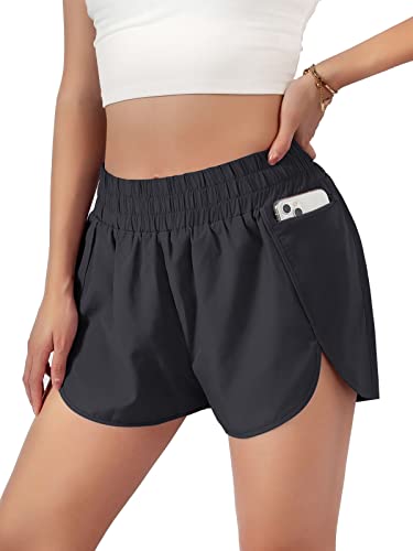 Blooming Jelly Womens Quick-Dry Running Shorts Sport Layer Elastic Waist Active Workout Shorts with Pockets 1.75" (Medium, Black)