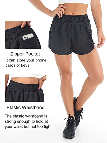 Blooming Jelly Womens Quick-Dry Running Shorts Sport Layer Elastic Waist Active Workout Shorts with Pockets 1.75" (Medium, Black)