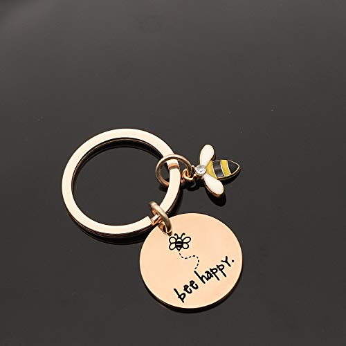 Women's Keychain" Bee Happy" Keyring Keychain, Gift for Mom, Aunt, Daughter, Niece, Friends (Rose Gold)