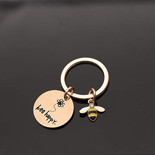 Women's Keychain" Bee Happy" Keyring Keychain, Gift for Mom, Aunt, Daughter, Niece, Friends (Rose Gold)