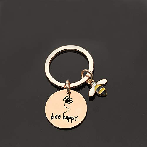 Women's Keychain" Bee Happy" Keyring Keychain, Gift for Mom, Aunt, Daughter, Niece, Friends (Rose Gold)