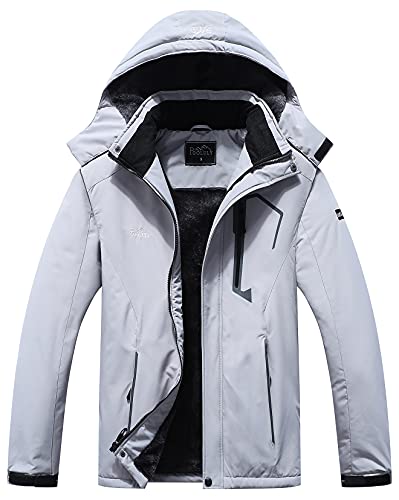 Pooluly Men's Ski Jacket Warm Winter Waterproof Windbreaker Hooded Raincoat Snowboarding Jackets Light Gray-2XL