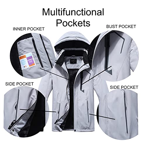 Pooluly Men's Ski Jacket Warm Winter Waterproof Windbreaker Hooded Raincoat Snowboarding Jackets Light Gray-2XL