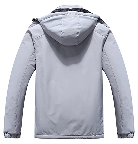 Pooluly Men's Ski Jacket Warm Winter Waterproof Windbreaker Hooded Raincoat Snowboarding Jackets Light Gray-2XL