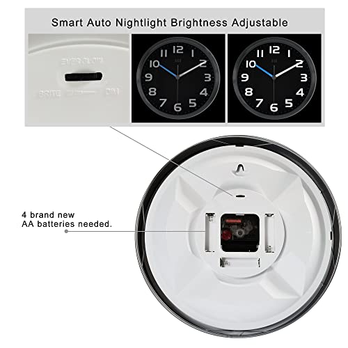 HITO 12” Night Light Wall Clock Glow in The Dark for Bedroom Silent Wall Clock Battery Operated for Living Room Decor, Brightness Adjustable, Metal Frame, Glass Cover(Hands + Numbers Illuminate)