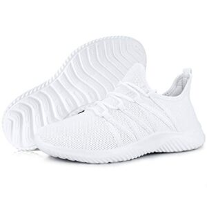 Feethit Womens Slip On Running Shoes Non Slip Walking Shoes Lightweight Gym Workout Shoes Breathable Fashion Sneakers All White Size 8.5