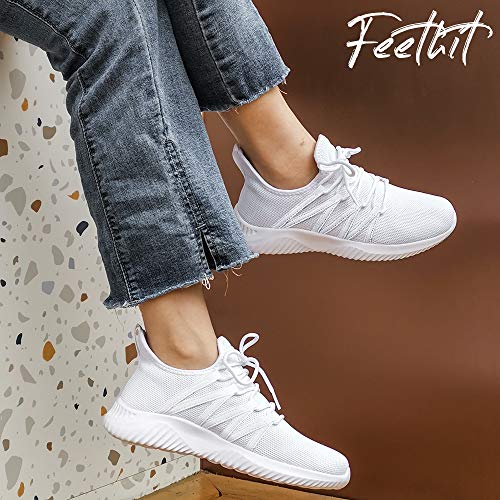 Feethit Womens Slip On Running Shoes Non Slip Walking Shoes Lightweight Gym Workout Shoes Breathable Fashion Sneakers All White Size 8.5