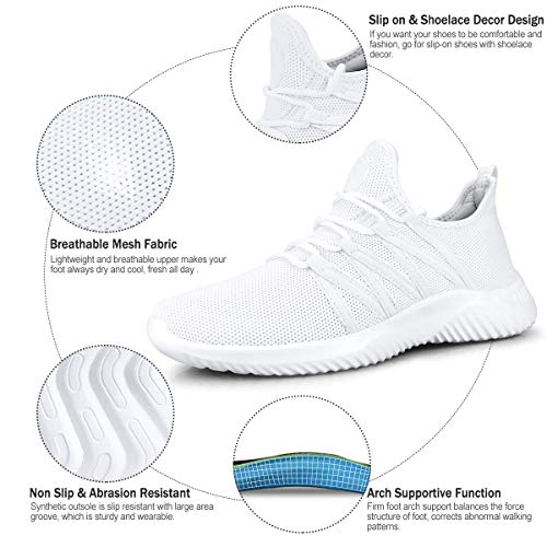 Feethit Womens Slip On Running Shoes Non Slip Walking Shoes Lightweight Gym Workout Shoes Breathable Fashion Sneakers All White Size 8.5