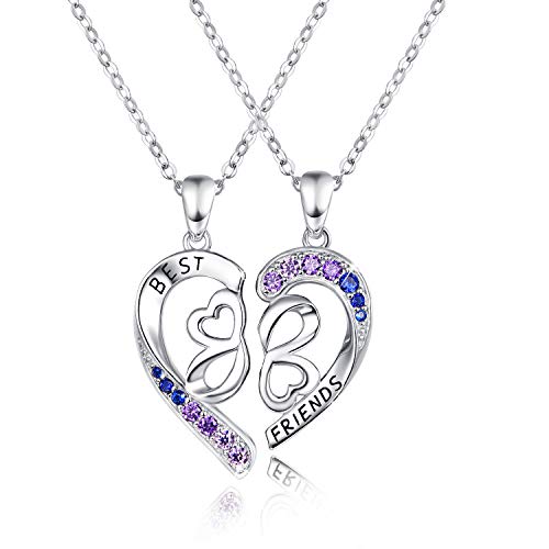 Best Friend Necklace for 2 Set, 925 Sterling Silver BFF Half Heart Pendant, Best Friend Engraving with Blue Purple Graduated Rhinestone, Sister Necklace Set Jewelry Birthday Valentine Gift for Women Daughter BFF Sisters