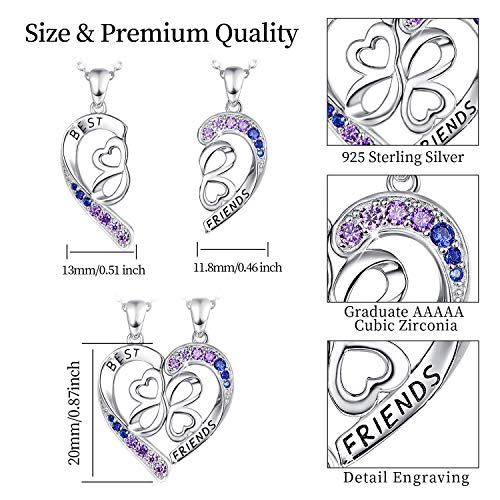 Best Friend Necklace for 2 Set, 925 Sterling Silver BFF Half Heart Pendant, Best Friend Engraving with Blue Purple Graduated Rhinestone, Sister Necklace Set Jewelry Birthday Valentine Gift for Women Daughter BFF Sisters