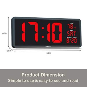 YORTOT 16” Large Digital Wall Clock with Remote Control - Adjustable Dimmer, 7 Color Night Lights, Big LED Clock with Indoor Temperature, Date, Auto DST, 12/24Hour, Wall Mount/Foldable Stand