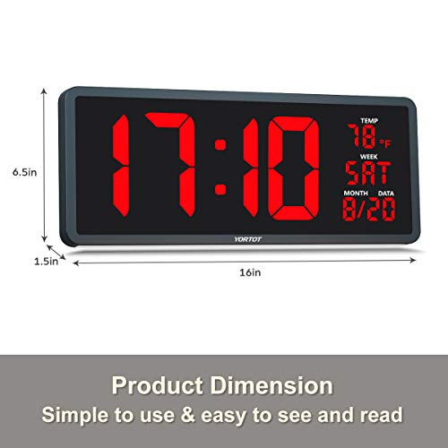 YORTOT 16” Large Digital Wall Clock with Remote Control - Adjustable Dimmer, 7 Color Night Lights, Big LED Clock with Indoor Temperature, Date, Auto DST, 12/24Hour, Wall Mount/Foldable Stand