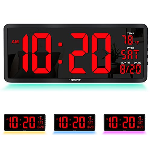 YORTOT 16” Large Digital Wall Clock with Remote Control - Adjustable Dimmer, 7 Color Night Lights, Big LED Clock with Indoor Temperature, Date, Auto DST, 12/24Hour, Wall Mount/Foldable Stand