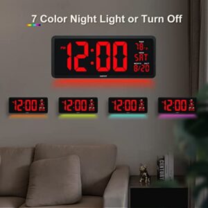 YORTOT 16” Large Digital Wall Clock with Remote Control - Adjustable Dimmer, 7 Color Night Lights, Big LED Clock with Indoor Temperature, Date, Auto DST, 12/24Hour, Wall Mount/Foldable Stand