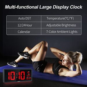 YORTOT 16” Large Digital Wall Clock with Remote Control - Adjustable Dimmer, 7 Color Night Lights, Big LED Clock with Indoor Temperature, Date, Auto DST, 12/24Hour, Wall Mount/Foldable Stand