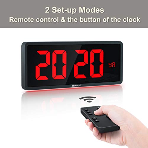 YORTOT 16” Large Digital Wall Clock with Remote Control - Adjustable Dimmer, 7 Color Night Lights, Big LED Clock with Indoor Temperature, Date, Auto DST, 12/24Hour, Wall Mount/Foldable Stand