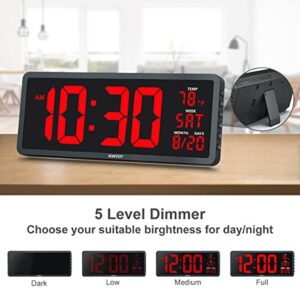 YORTOT 16” Large Digital Wall Clock with Remote Control - Adjustable Dimmer, 7 Color Night Lights, Big LED Clock with Indoor Temperature, Date, Auto DST, 12/24Hour, Wall Mount/Foldable Stand