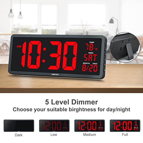 YORTOT 16” Large Digital Wall Clock with Remote Control - Adjustable Dimmer, 7 Color Night Lights, Big LED Clock with Indoor Temperature, Date, Auto DST, 12/24Hour, Wall Mount/Foldable Stand