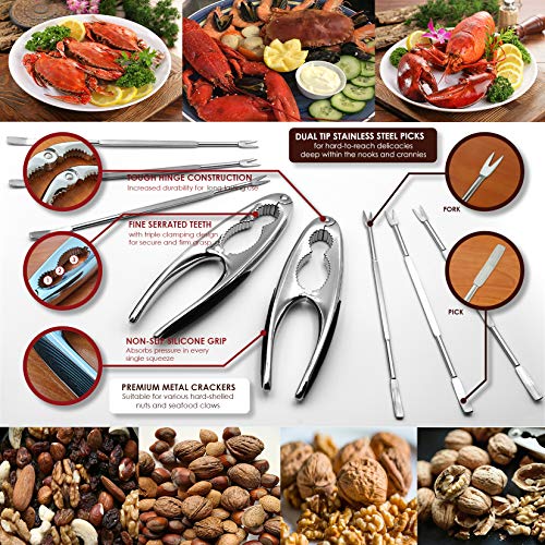 Lobster Crackers and Picks Set - Premium Metal Crab Crackers with Non-slip Grip; Stainless Steel Picks & Forks. Seafood Crackers for Crab Claws. Best Nut Cracker Tool for Pecan, Walnut, Nut Shells