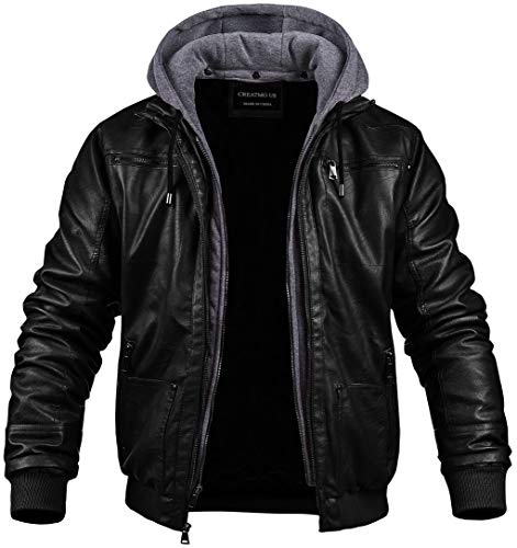 CREATMO US Men's Faux Leather Jacket Vintage Motorcycle Jacket Warm Winter Coat Black XL