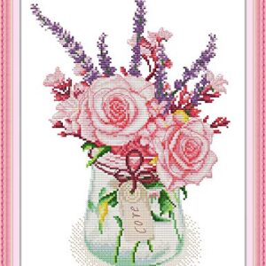 Maydear Stamped Cross Stitch Kits 14CT Pre-Printed Cross-Stitching Embroidery Starter Kit for Adults Beginners - Vase Flower 11.81×14.96 inch