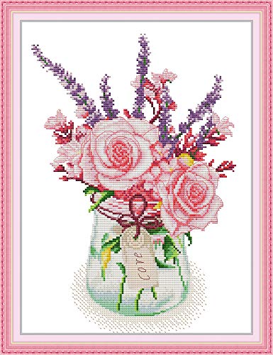 Maydear Stamped Cross Stitch Kits 14CT Pre-Printed Cross-Stitching Embroidery Starter Kit for Adults Beginners - Vase Flower 11.81×14.96 inch