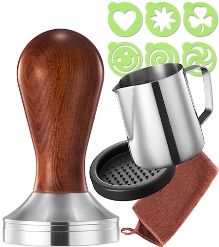 Practimondo Espresso Tamper Set - 51mm Tamper - Frothing Pitcher, Tamper and Espresso Accessories - Premium Barista Espresso Hand Tamper Set (51mm, Wooden Handle)