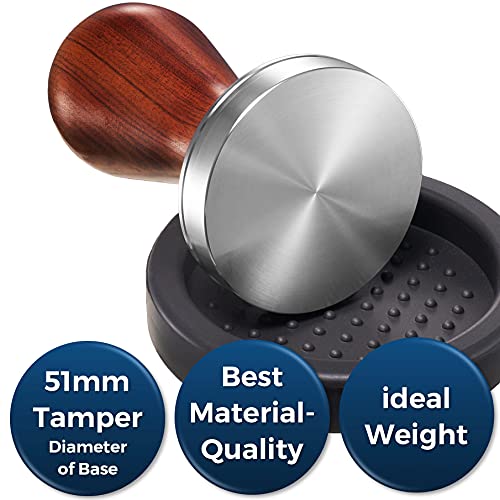 Practimondo Espresso Tamper Set - 51mm Tamper - Frothing Pitcher, Tamper and Espresso Accessories - Premium Barista Espresso Hand Tamper Set (51mm, Wooden Handle)