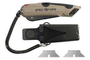 spec ops tools safety knife box cutter, includes holster & lanyard, 3% donated to veterans, black/tan