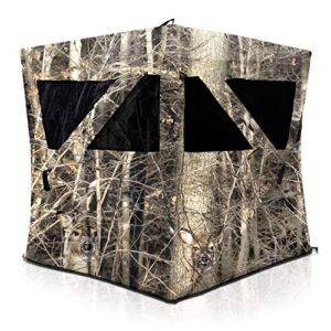 serenelife two person hunting blind - water resistant durashell plus hunting ground blind tent pop up blinds for hunting w/shadow guard, polyester fabric, includes carry bag/tie-down cords - slht49