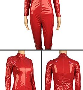 FEOYA Womens Wet Look Zipper Cat Suit Latex Catsuit Patent Leather Bodysuit Metallic Jumpsuit One Piece Party Clubwear Skinny Stretch Pvc Outfits Red, 2XL