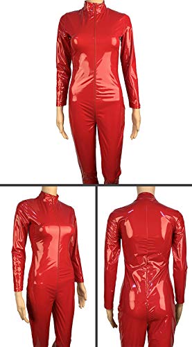 FEOYA Womens Wet Look Zipper Cat Suit Latex Catsuit Patent Leather Bodysuit Metallic Jumpsuit One Piece Party Clubwear Skinny Stretch Pvc Outfits Red, 2XL