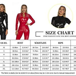 FEOYA Womens Wet Look Zipper Cat Suit Latex Catsuit Patent Leather Bodysuit Metallic Jumpsuit One Piece Party Clubwear Skinny Stretch Pvc Outfits Red, 2XL