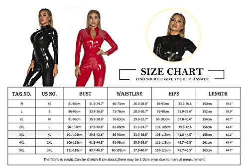 FEOYA Womens Wet Look Zipper Cat Suit Latex Catsuit Patent Leather Bodysuit Metallic Jumpsuit One Piece Party Clubwear Skinny Stretch Pvc Outfits Red, 2XL