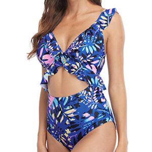 SOCIALA Womens Ruffle One Piece Swimsuit Cutout Strappy Monokinis Swimwear Bathing Suits(Medium, Navy Flower)