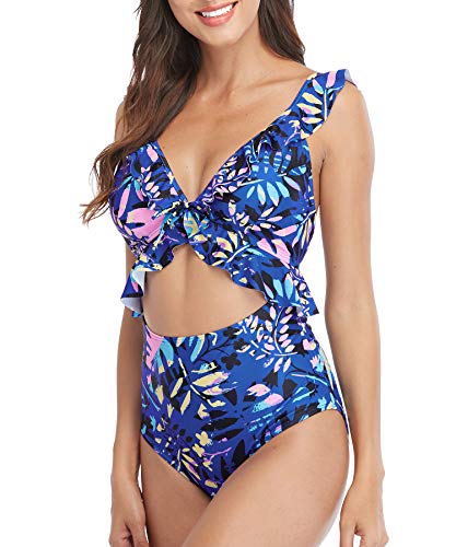 SOCIALA Womens Ruffle One Piece Swimsuit Cutout Strappy Monokinis Swimwear Bathing Suits(Medium, Navy Flower)