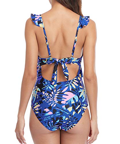 SOCIALA Womens Ruffle One Piece Swimsuit Cutout Strappy Monokinis Swimwear Bathing Suits(Medium, Navy Flower)