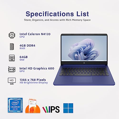 HP 2022 Stream 14" HD BrightView Laptop, Intel Celeron N4000, 4GB RAM, 64GB SSD, Intel HD Graphics, 720p Webcam, 1 Year Office 365, Blue, Win 11 S, 128GB Snowbell USB Card