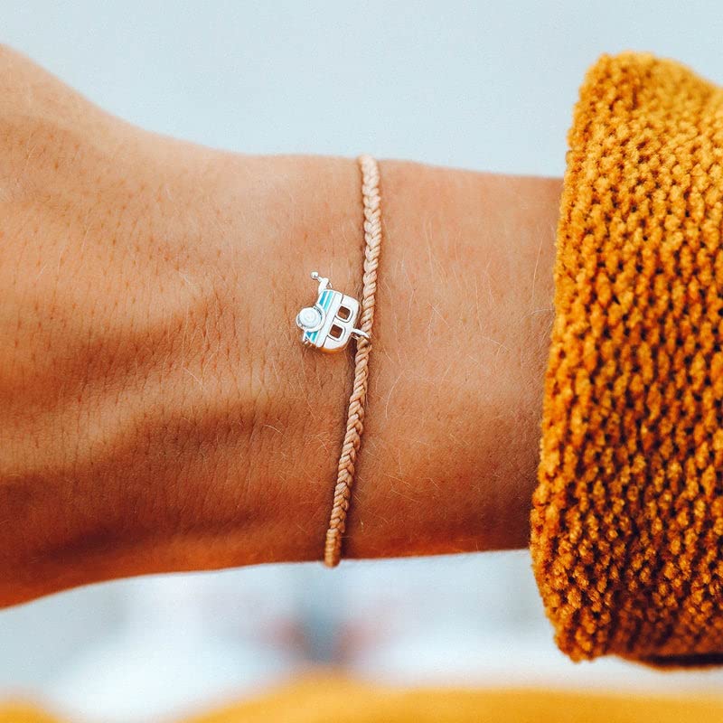 Pura Vida Silver On the Road Bracelet - 100% Waterproof, Adjustable Band - Brand Charm, Café De Leche