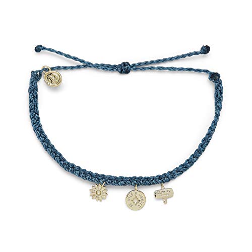 Pura Vida Gold Happy Camper Bracelet - 100% Waterproof, Adjustable Band - Brand Charm, Dusty Blue