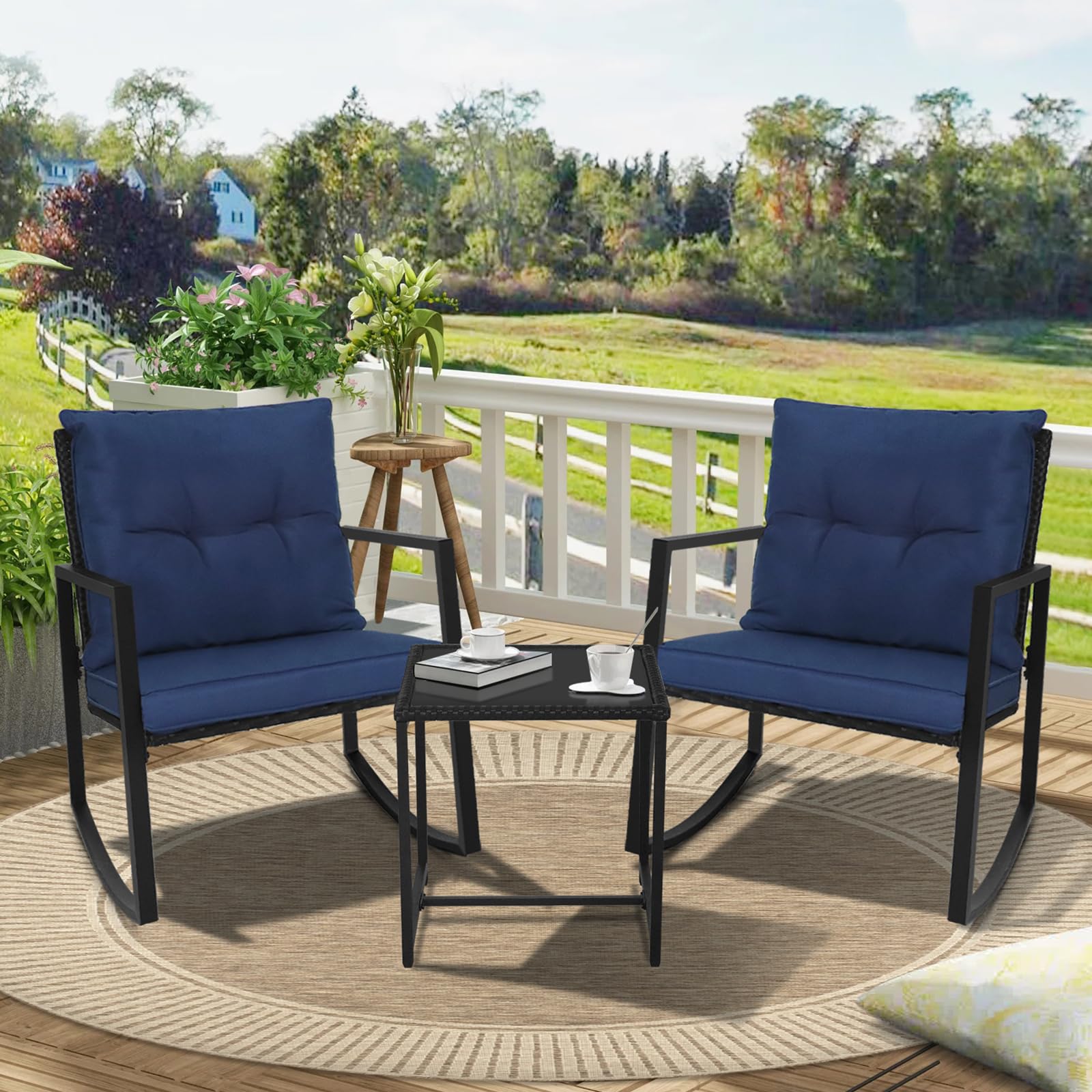 SUNCROWN 3-Piece Outdoor Rocking Chairs Patio Bistro Set Patio Black Wicker Chairs with Glass Coffee Table, Dark Blue Cushion