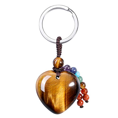 MANIFO Natural Tiger Eye Heart Crystal Keychain 7 Chakra Healing Gemstone Key Ring Charm for Women