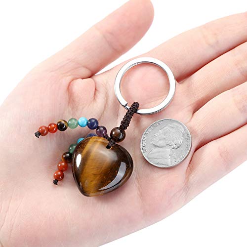 MANIFO Natural Tiger Eye Heart Crystal Keychain 7 Chakra Healing Gemstone Key Ring Charm for Women