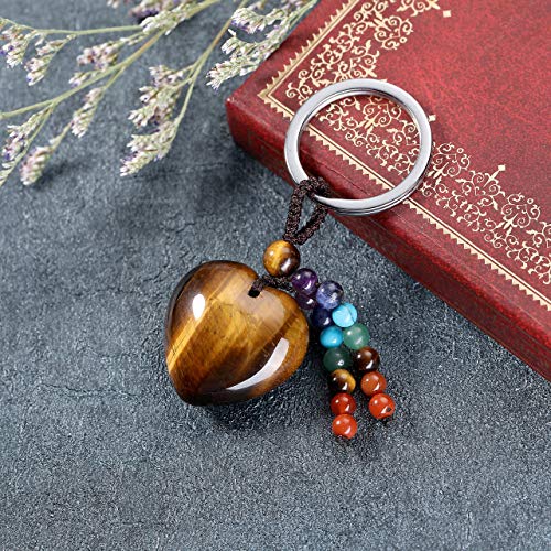 MANIFO Natural Tiger Eye Heart Crystal Keychain 7 Chakra Healing Gemstone Key Ring Charm for Women