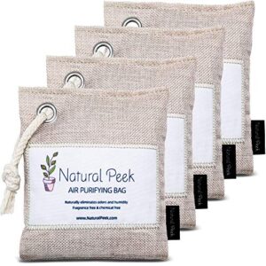 natural peek bamboo charcoal air purifying bag – natural odor eliminator and moisture absorber for home and car - breathe fresh air, chemical free and fragrance free purifier (4x200g)