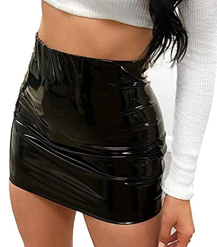 Springcmy Women Neon Leather Bodycon Mini Skirt Skirts Sexy Shiny Liquid Metallic Wet Look Latex Skirt