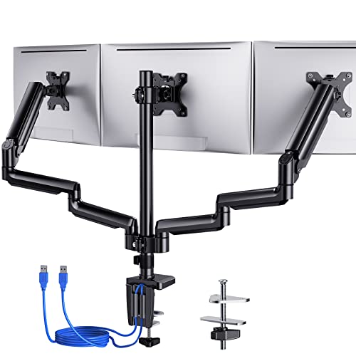 ErGear Triple Monitor Mount for Desk, 3 Monitor Stand with Gas Spring Adjustable Monitor Arm Fit Three Screens 13 to 27 inch Flat/Curved LCD Computer Screens Holds Max 17.6lbs with Clamp