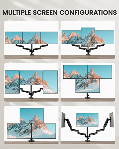 ErGear Triple Monitor Mount for Desk, 3 Monitor Stand with Gas Spring Adjustable Monitor Arm Fit Three Screens 13 to 27 inch Flat/Curved LCD Computer Screens Holds Max 17.6lbs with Clamp